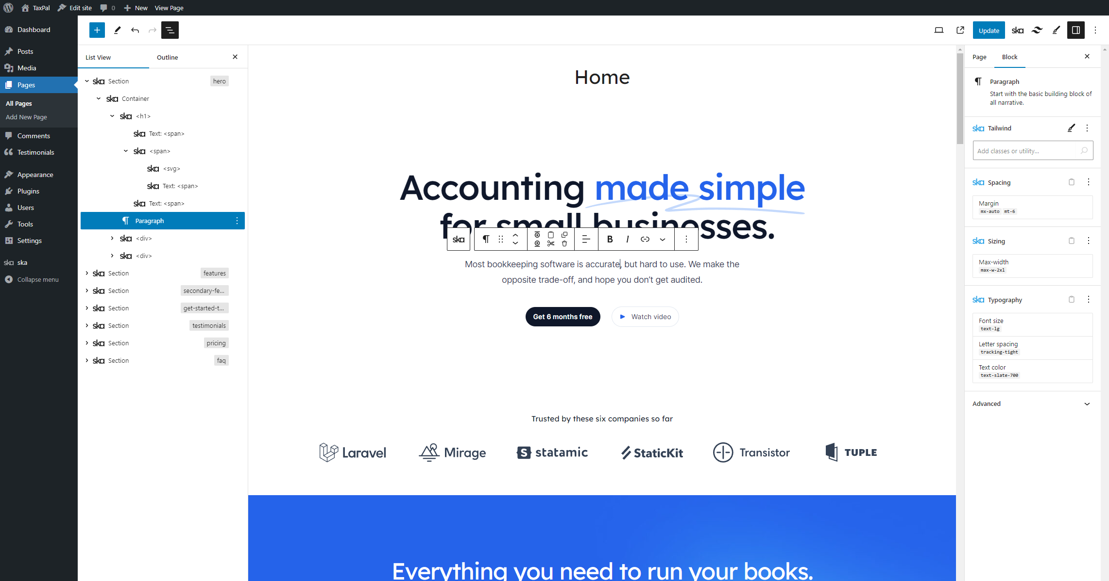 Enabling WordPress appearance controls - ska-docs